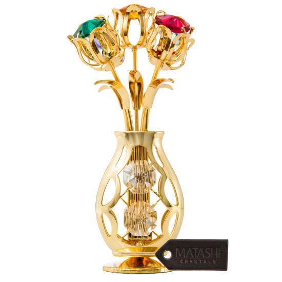 24k Gold Plated Tabletop Flowers Bouquet and Vase w/ Colorful Matashi ...