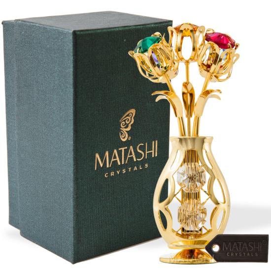 24k Gold Plated Tabletop Flowers Bouquet and Vase w/ Colorful Matashi ...