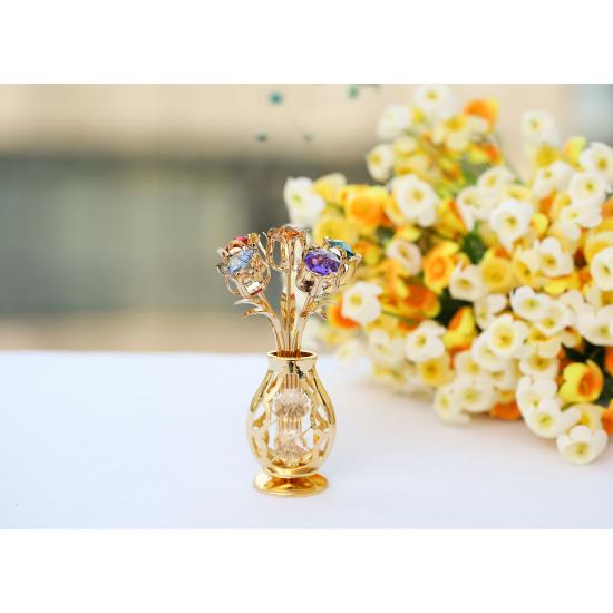 24k Gold Plated Tabletop Flowers Bouquet and Vase w/ Colorful Matashi ...