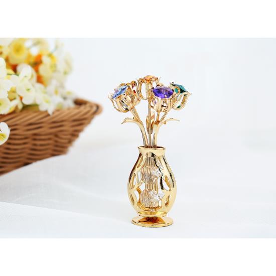 24k Gold Plated Tabletop Flowers Bouquet and Vase w/ Colorful Matashi ...